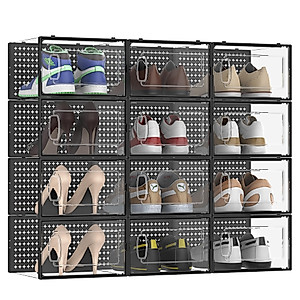 Fkprorjv Large Shoe Storage Box Organizer for Closet, 12 Pack Space Saving Versatile Clear Plastic Stackable Sneaker Shoe Rack Containers Bins Holders, Portable Closet Organizers and Storage, Black