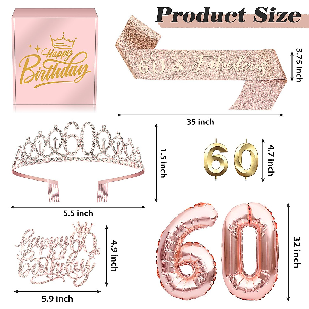 60th Birthday Gifts Decorations for Women - 60 Birthday Cake Topper, Balloons, Queen Sash, Crown and Candle Set, Rose Gold