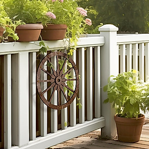 2 Pcs 12 in Farmhouse Rustic Wagon Wheel Wooden Decoration Western Cowboy Style Home Decorations with Metal Hooks 3D Structure Style (Brown 3D)