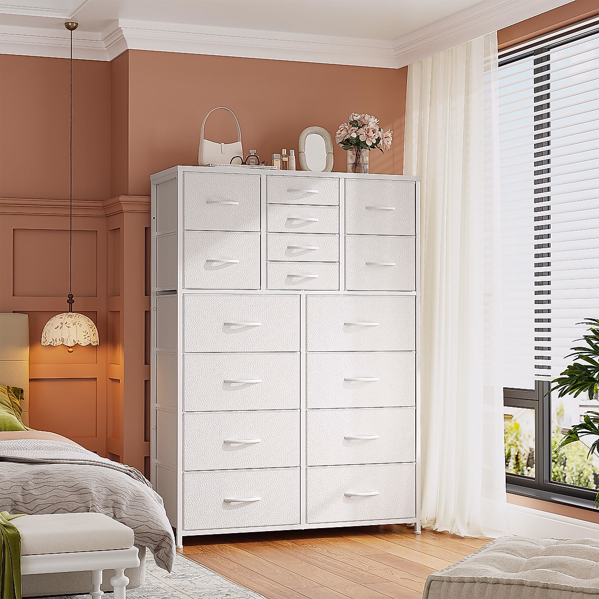 EnHomee White Dresser,Dresser for Bedroom with 16 Drawers, Tall Dressers & Chests of Drawers with Wood Top, Metal Frame,Tall Dressers for Girls Bedroom,Living Room,Hallway,Closet