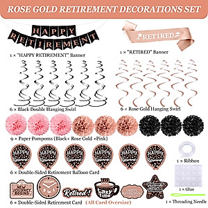Retirement Decorations Women Rose Gold Happy Retirement Party Decorations Female (52pack) Happy Retirement Banner Gifts, Retirement Decor Double-Sided Pattern Card, Pompoms, Hanging Swirl Retired Sash