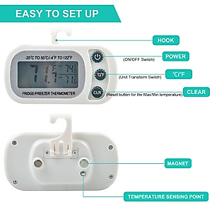 Refrigerator Thermometer Digital Freezer Room Thermometer, Waterproof Fridge Thermometer with Magnetic Back, Max/Min Record Function with Large LCD Display for Kitchen Restaurants White