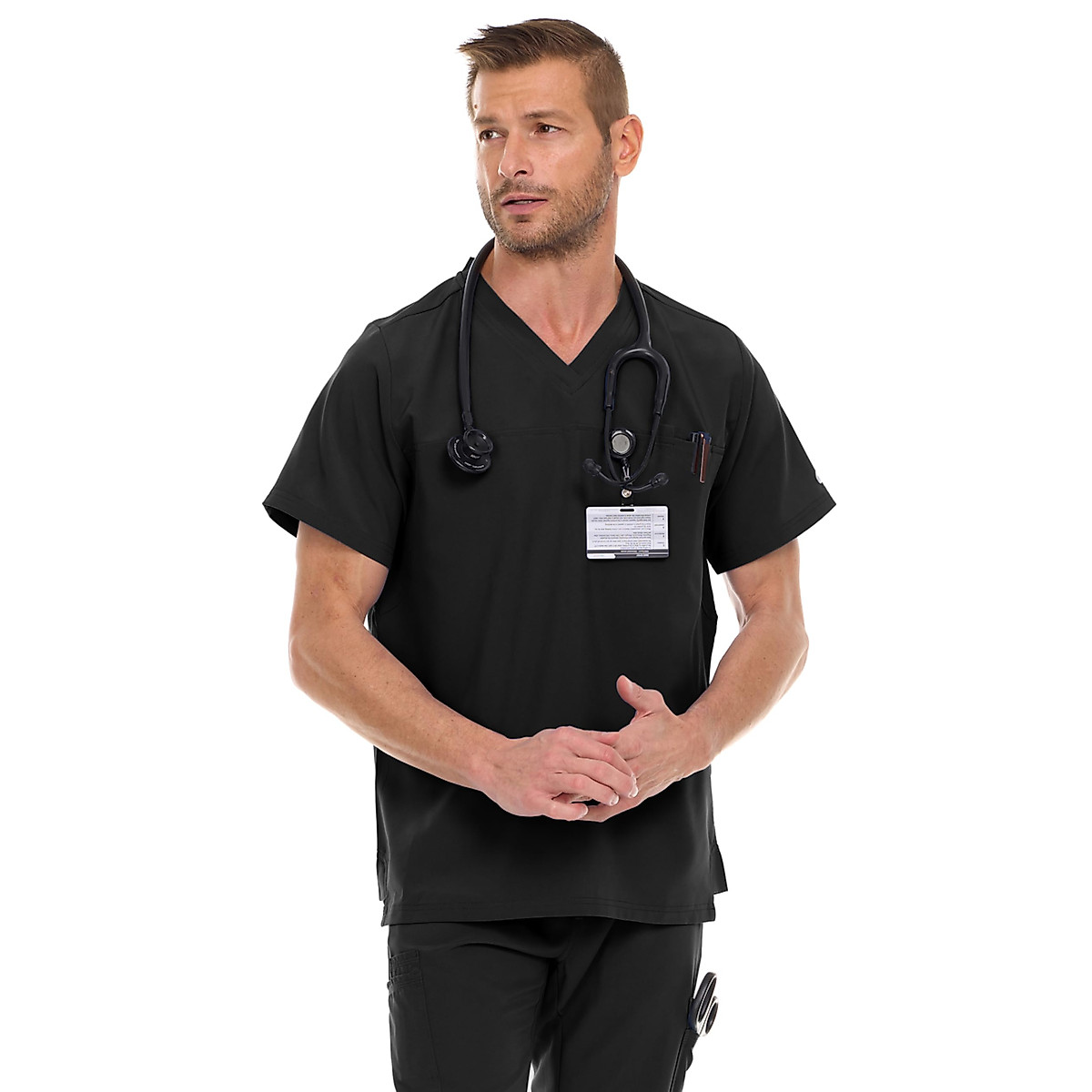 MediChic Men's V-Neck Hi-Low Top with One Chest Pocket and Mesh Gusset, Black, Size Large