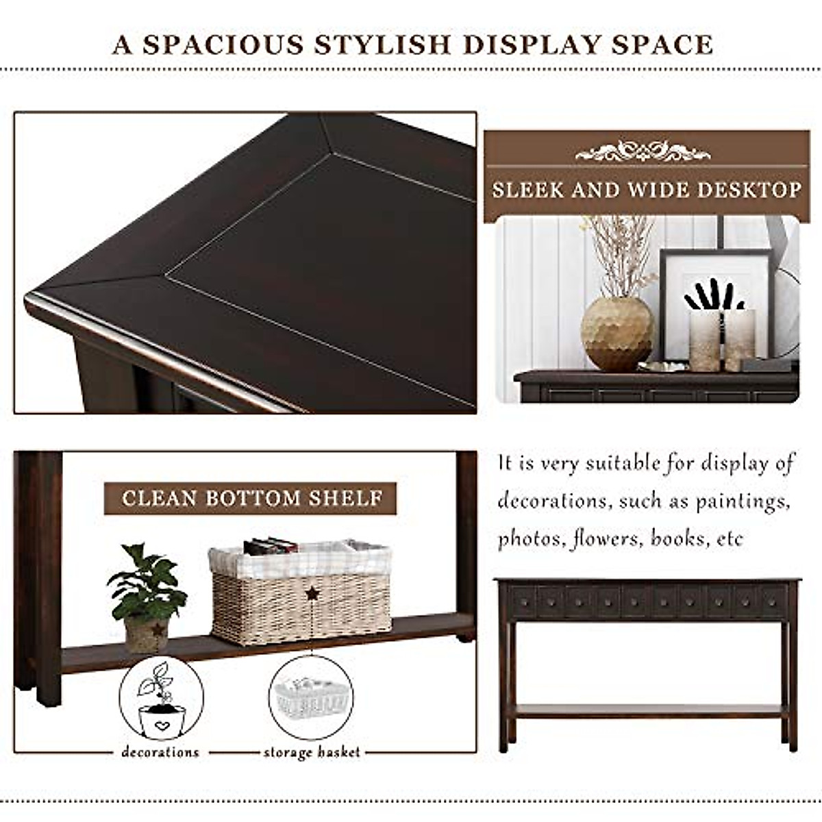 Lifeand Rustic Entryway Console, 60" Long Sofa Table with Two Different Size Drawers and Bottom Shelf for Storage, Black