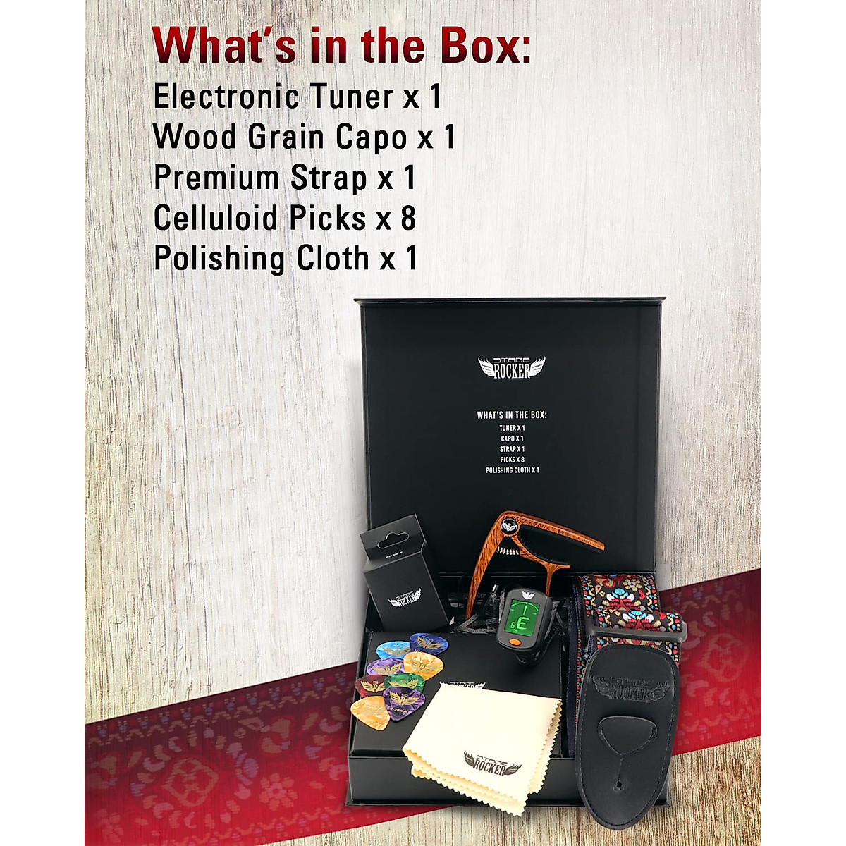 Stage Rocker Guitar Accessories Gift Box for Acoustic and Electric Guitars, Red Jacquard Weave Guitar Strap, Picks, Capo, Tuner, Cleaning Cloth, 5-in-1 Essential Gift