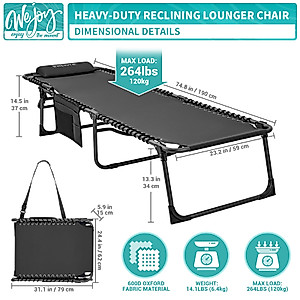 #WEJOY Outdoor Folding Chaise Lounge Chair for Outside, Patio, Beach, Poolside, Sunbathing, Adjustable 5-Position Reclining Chairs, Heavy Duty Camping Cot with Shoulder Strap and Pillow, Black