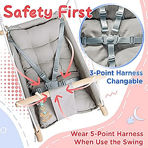 Baby Swing Indoor and Outdoor, Canvas Hammock Swing for Baby to Toddler with a Comfortable Seat, Macaroon Wooden Toy, Adjustable 5-Point Harness,3 Modes,Gift for Baby Boys Girls, Grey