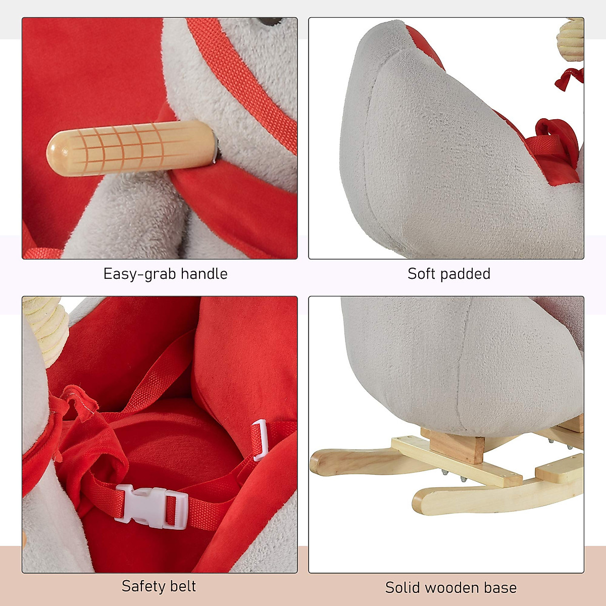 Qaba Kids Ride-On Rocking Horse Toy, Rocker with Lullaby Song, Hand Puppets & Soft Plush Fabric for Children 18-36 Months, Gray