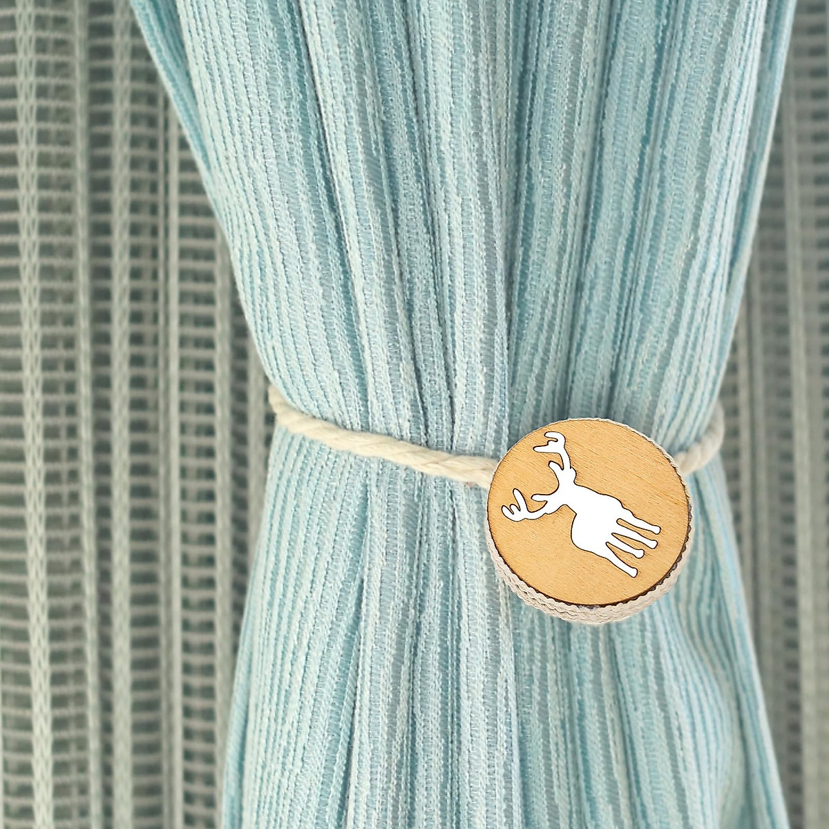 2 Pack Magnetic Curtain Tiebacks, Cute Deer Decorative Tie Backs Curtain Holdbacks for Drapes Wood Curtain Holders for Christmas Home Holiday Decor, No Screw