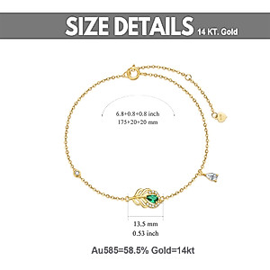 SISGEM Real 14k Gold Peacock Feather Bracelet for Women, 14 Karat Gold Animal Lover Wrist Jewelry Gifts for Her, 6.8"+0.8"+0.8"