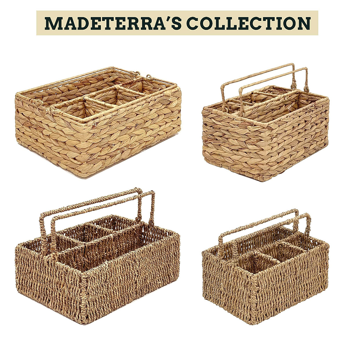 MadeTerra Wicker Utensil Caddy Carrier | Seagrass Woven Divided Cutlery Holder for Table - Kitchen Set Counter Top Organizer - Hold Silverware, Forks, Knives, Spoons, Napkins (Seagrass)