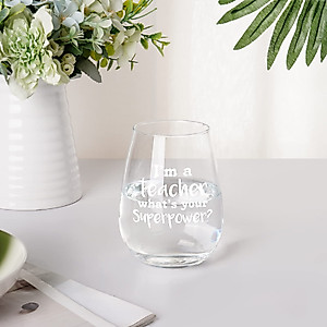 Gtmileo Teacher Gift - Funny I'm a Teacher What's Your Superpower Stemless Wine Glass, Teacher's Day Gift for Teacher, Tutor, Professor, Appreciation Gift, Thanks Gift for Birthday, Christmas, 15Oz