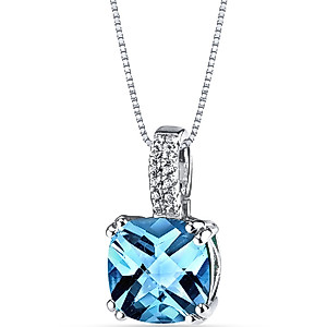 PEORA Swiss Blue Topaz Pendant for Women 14K White Gold with White Topaz, Genuine Gemstone Birthstone, 3.50 Carats Cushion Cut, 9mm, with 18 Inch Chain