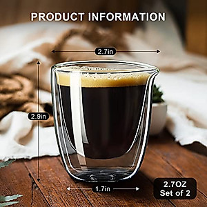 PARACITY Espresso Cups Set of 2, Double Walled Espresso Shot Glass with Spout, High Borosilicate Glass Expresso Coffee Cup, Anti-Scald Expresso Shots Cup, Clear Glass Espresso Accessories 2.7 OZ