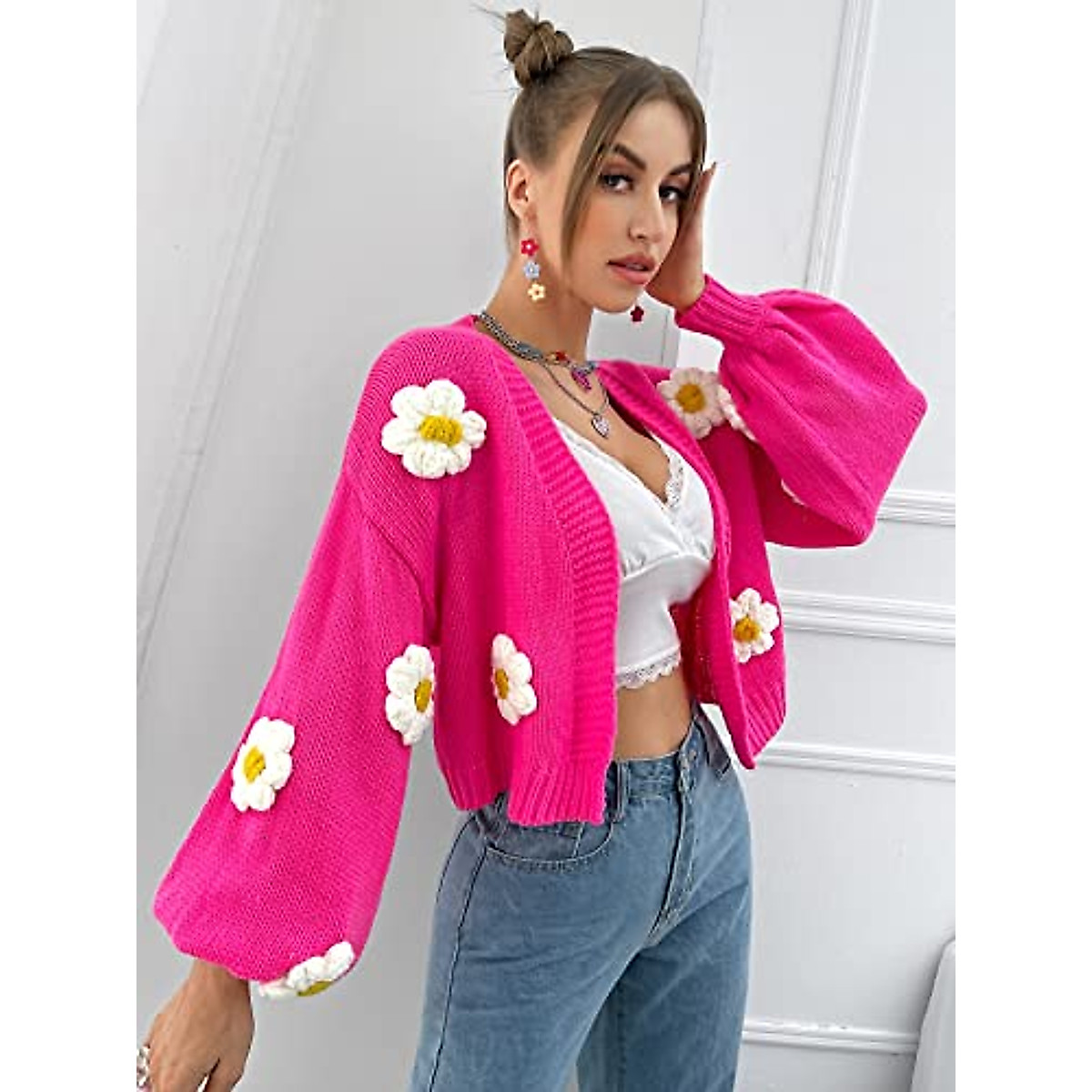 MakeMeChic Women's Floral Applique Lantern Sleeve Open Front Cropped Cardigan Sweater Hot Pink L