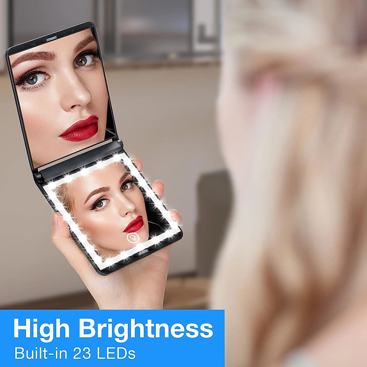 wobsion 300 Flip Folding Travel Mirror, 1x/3x Magnifying with 23 LEDs, Touch Dimmable, Rechargeable, Magnetic Switch, Black