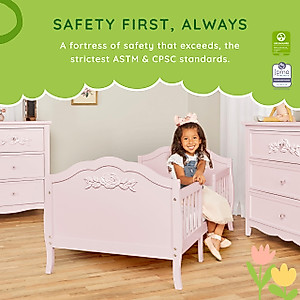 SweetPea Baby Rose 3-in-1 Convertible Toddler Bed in Blush Pink, Greenguard Gold Certified, JPMA Certified, Safety Rails, Made of Sustainable New Zealand Pinewood