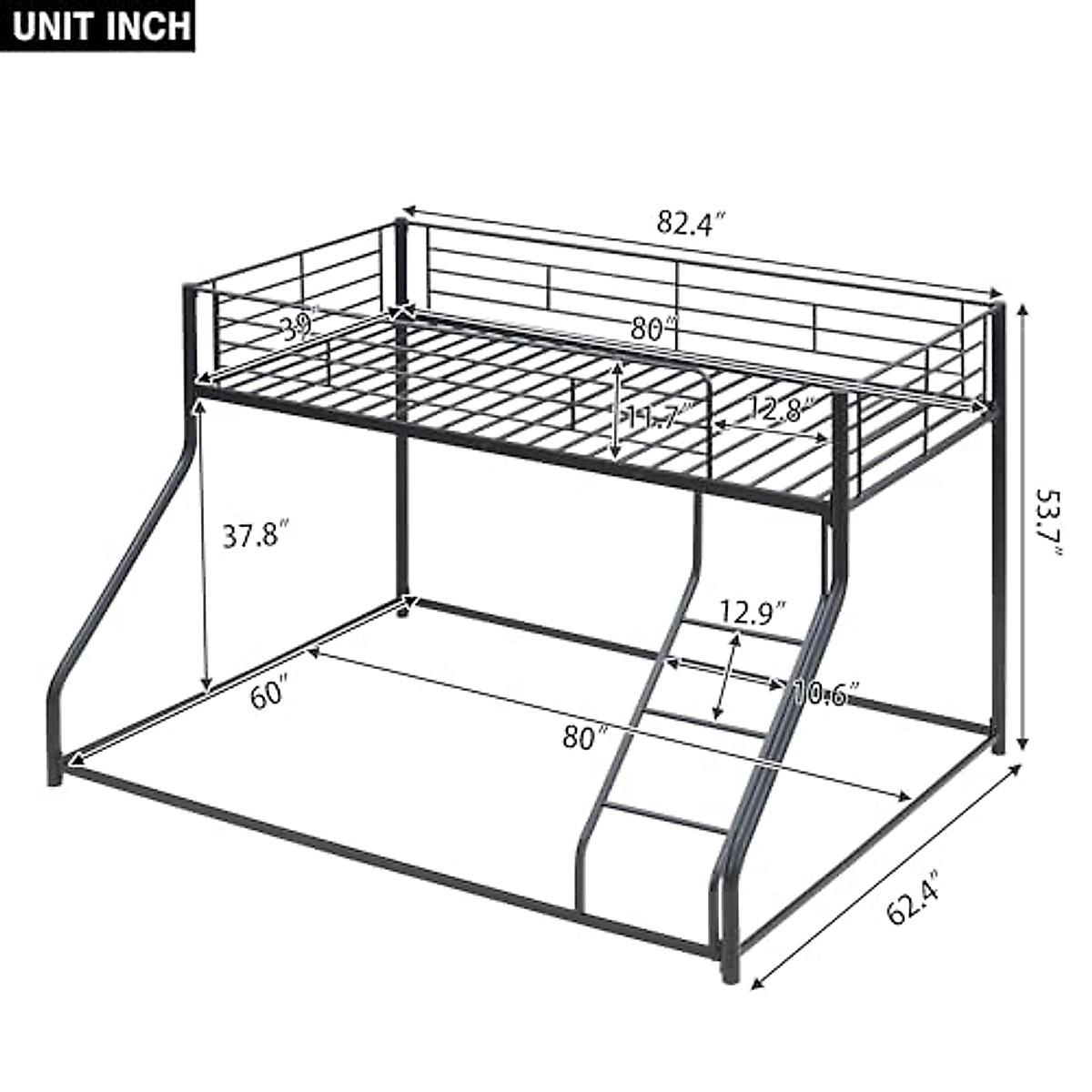 WADRI Metal Floor Bunk Bed with Ladder, Twin XL Over Queen Bunk Bed with Safety Guard Rails, Heavy Duty Metal Bed Frame for Kids Teens Adults Bedroom, Easy Assembly