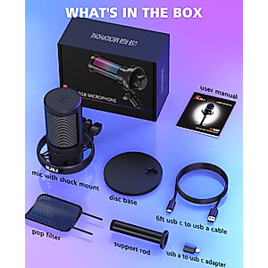 NJSJ USB Microphone for PC, Gaming Mic for PS4/ PS5/ Mac/Phone,Condenser Microphone with Touch Mute, RGB Lighting,Gain knob & Monitoring Jack for Streaming,Podcasting (with Desktop Stand, Black)