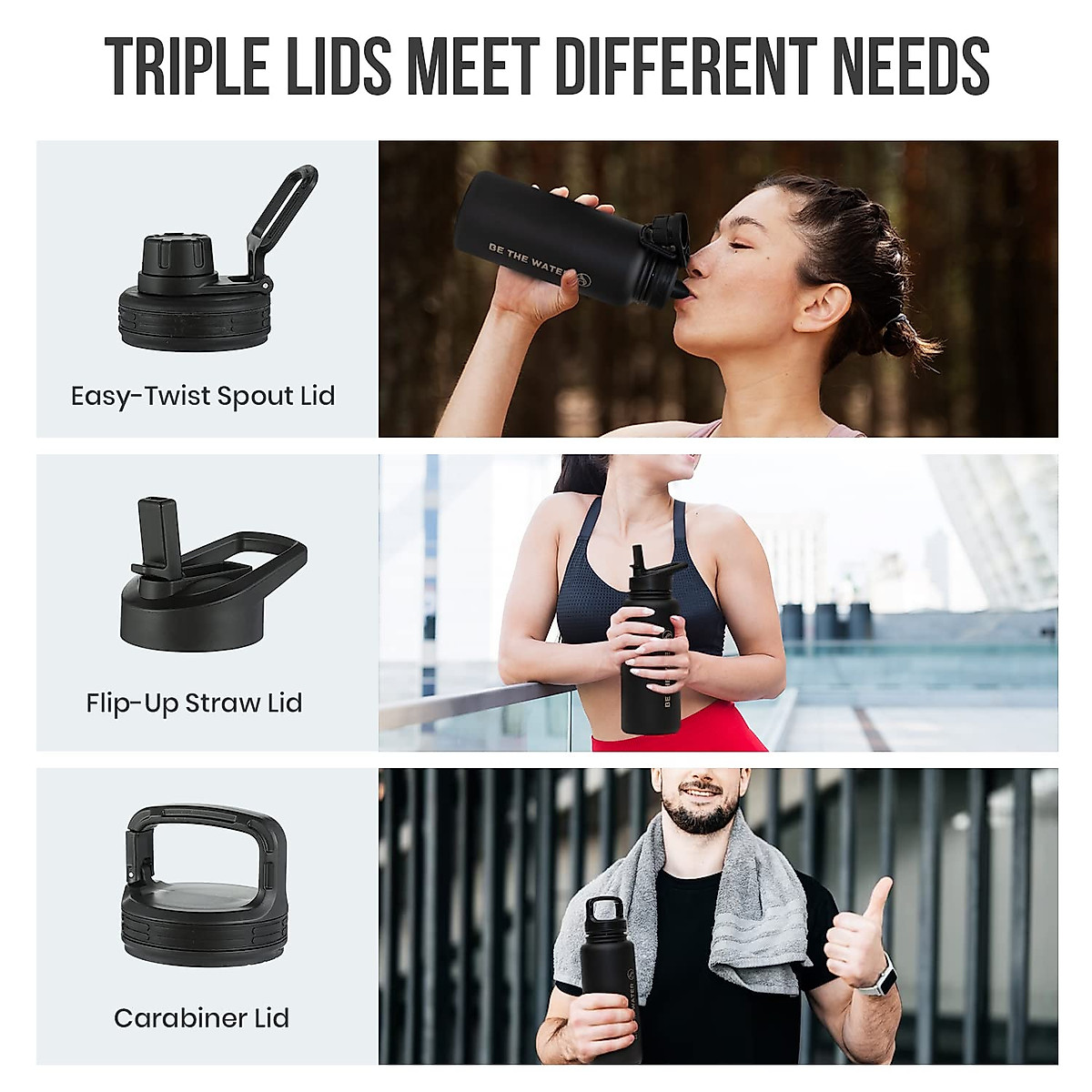 BE THE WATER 32 oz Sports Water Bottle with a Pouch 3 Lids 2 Straws - Keeps Hot and Cold Water, Leak Proof, Double Walled Vacuum Insulated Stainless Steel, Metal Water Bottles