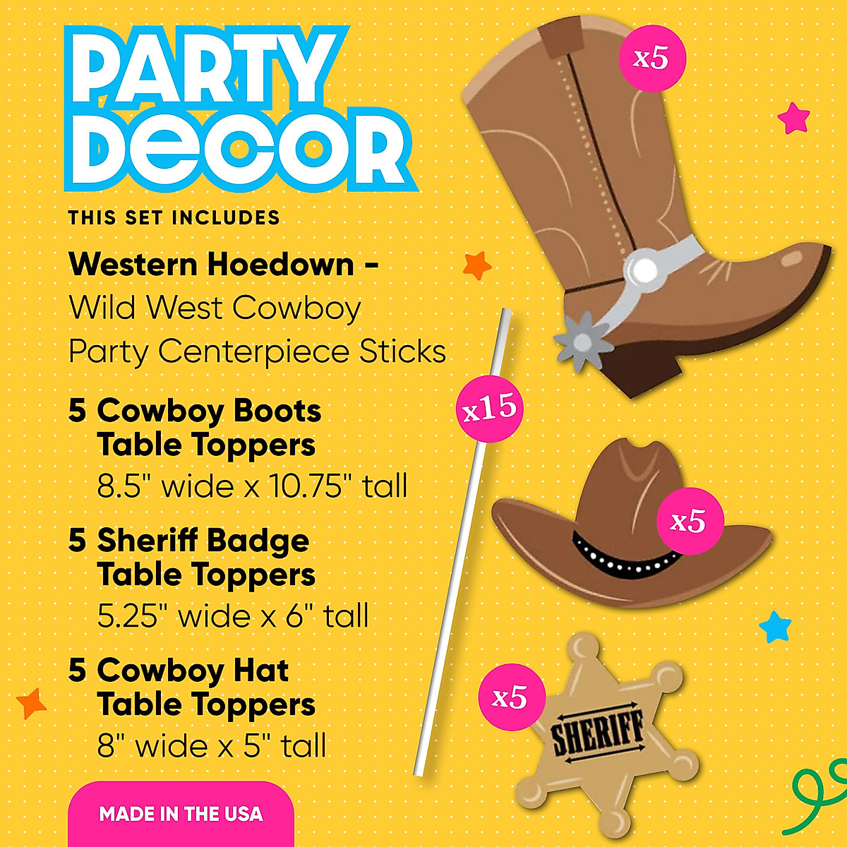 Big Dot of Happiness Western Hoedown - Wild West Cowboy Party Centerpiece Sticks - Table Toppers - Set of 15