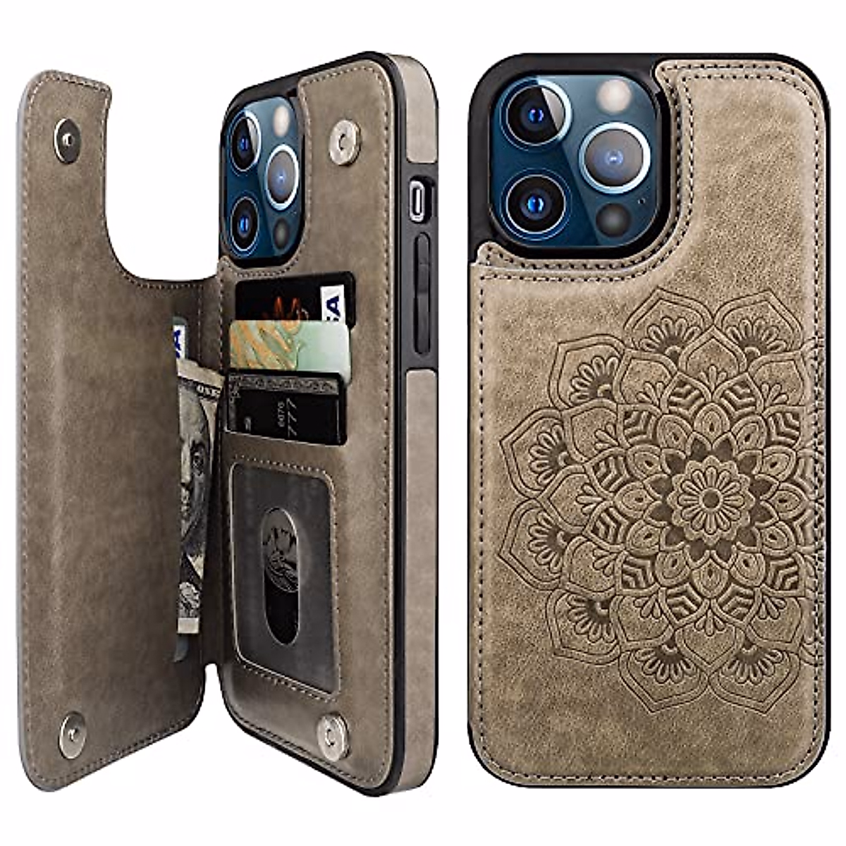 Vaburs Compatible with iPhone 13 Pro Max Case Wallet with Card Holder, Embossed Mandala Pattern Flower PU Leather Double Buttons Flip Shockproof Cover for Magnetic Car Mount 6.7 Inch (Gray)