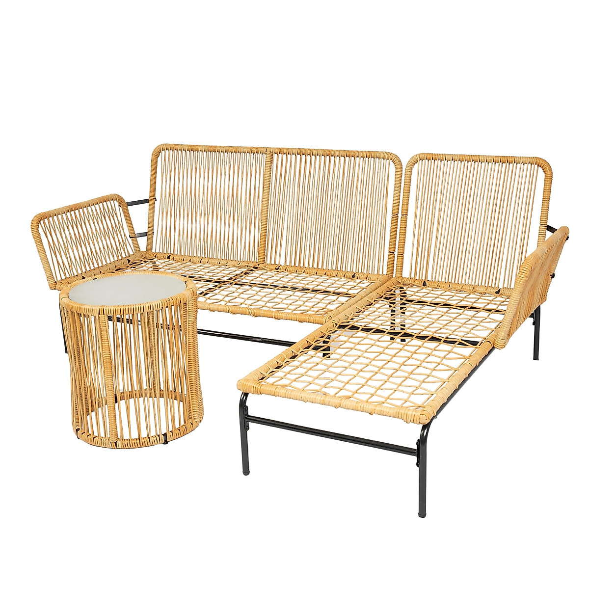CABSETT 3-Pieces All-Weather Outdoor Patio L-Shape Sofa Set with Round Coffee Table and 3.15-inches Thick Cushion for Backyard, Poolside, Garden, Light Yellow