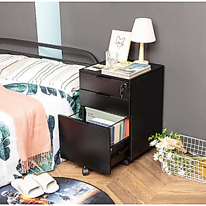 JJS 3-drawer Rolling Wood File Cabinet with Lock Brown