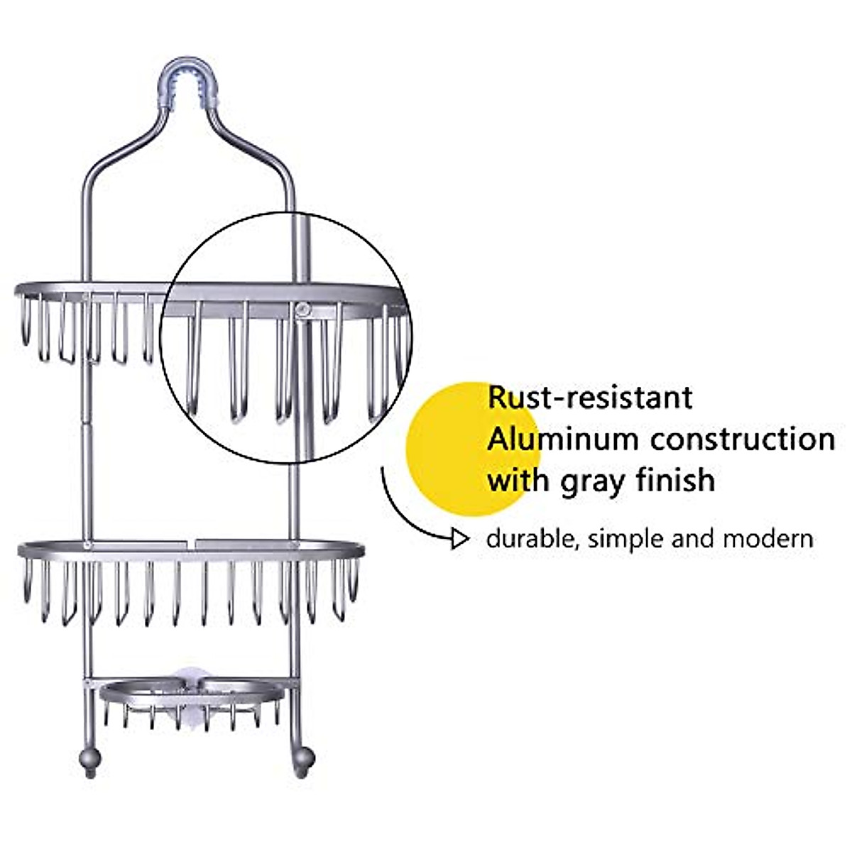 Lycklig Rust-Proof Shower Caddy over Shower Head Aluminum Shower Caddy, Hanging Shower Caddy with Extra Basket for Soap and 2 Hooks for Bath Loofah, Gray