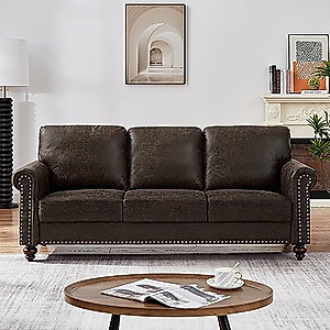 OMMGG Mid-Century Faux Leather Sofa with Tufted Cushions, Modern 3 Seat Upholstery Couch w/Armrest and Wooden Legs, for Living Room, Apartment, Small Spaces, Office, 81, Dark Brown