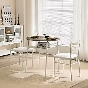 VINGLI 3 Piece Round Dining Set,29.5" Small Dining Table Set for 2,Round Kitchen Table with 2 Chairs Set for Small Space/Dining Room/Apartment,Upholstered Chairs,Metal Frame,Storage Shelf (White)