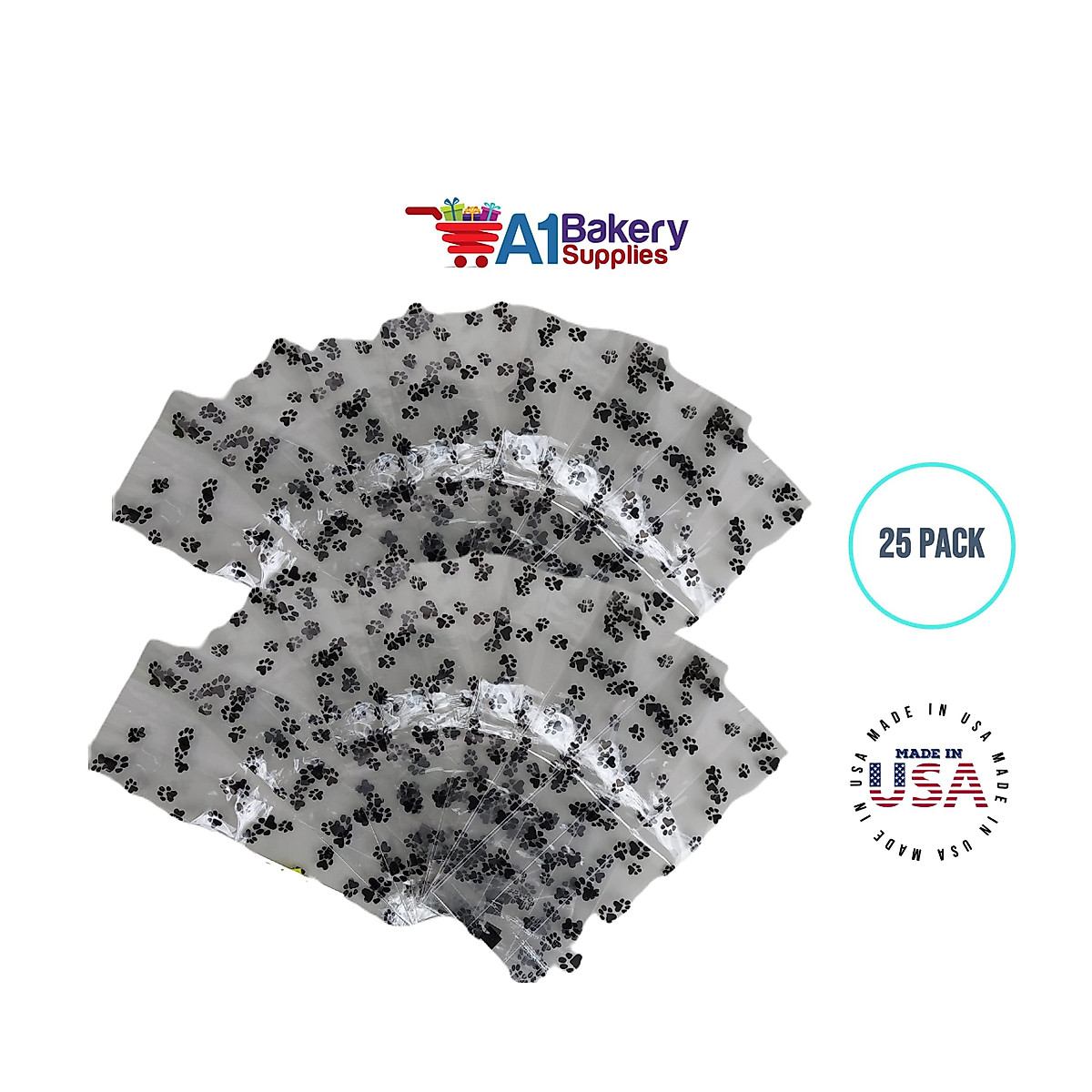 A1BakerySupplies® 25 Pack Paw Print Design Printed Cellophane Bags 4 In X 2 In X 9 In