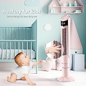 Antarctic Star Tower Fan 360°Oscillating Fan Quiet Cooling 24H Timer Remote Control Powerful Standing 8 Wind Speed 3 Wind Modes Ionizer Mode Bladeless Portable LED Display,Bedroom 47-Inch Pink