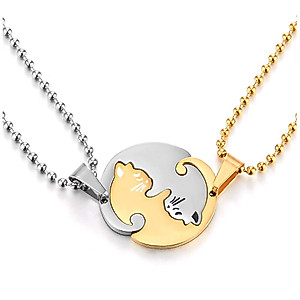 COOLSTEELANDBEYOND Pair Steel Gold Silver Matching Kitty Cat Friendship Pendant Necklace, Lovers Couples Friends