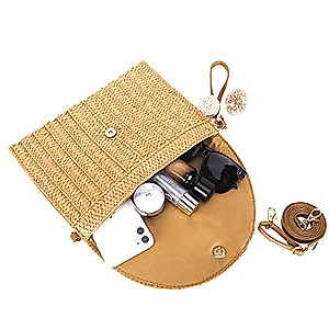 Straw Shoulder Bag Straw Clutch Straw Crossbody Bag Handmade Straw Beach Bag for Women Envelope Purse Wallet with Hand-woven Pompom (Light Brown)