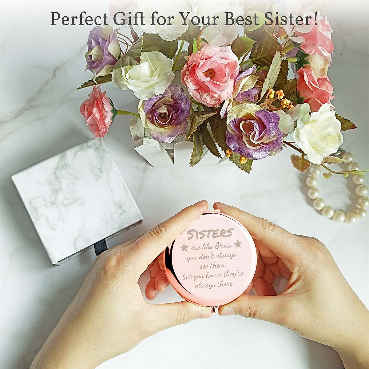 kuukzuuk Sister Gifts from Sisters, Sisters are Like Stars Gorgeous Rose Gold Compact Mirror Unique Friendship Gift for Women Girls Sisters for Women