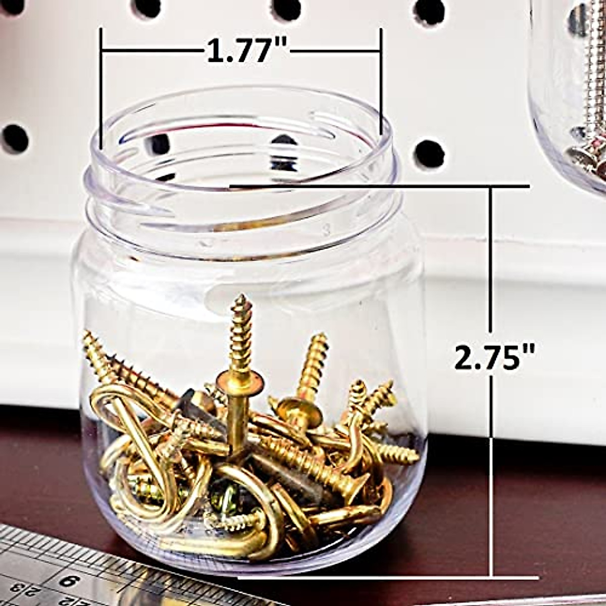 Pegboard Accessories Organizer Storage Jars - Crush & Impact Resistant Plastic Pegboard Jars - One-Handed Locking System - Peg Board Attachments for Craft, Sewing & Garage Storage - Set of 12 (Red)