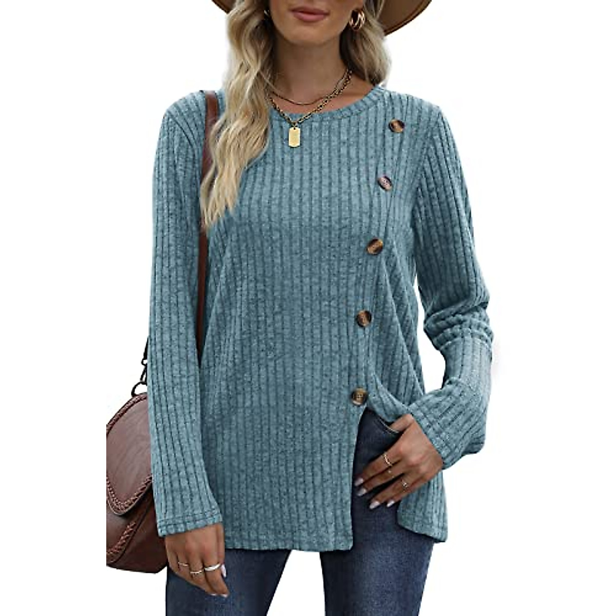 OFEEFAN Long Sleeve Shirts for Women Tunics Ladies Sweaters Winter Tops Blue L
