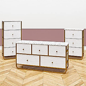 REALROOMS Korbin 3 Drawer Fabric Bin Organizer with Metal Frame, Terrazzo/Gold