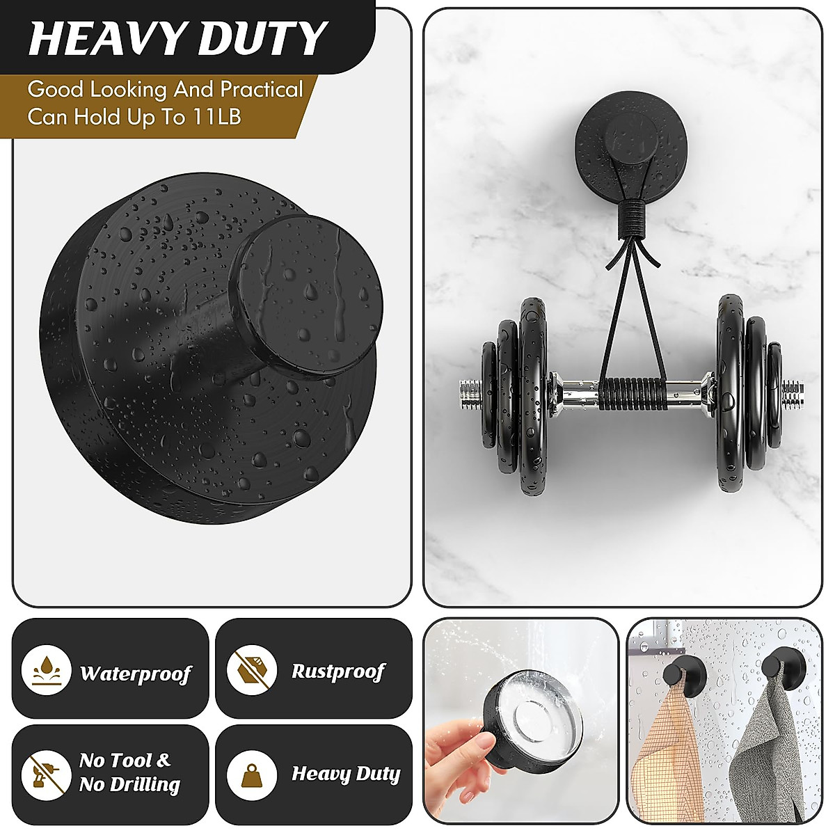 MOTAIPEAK Suction Cup Hooks for Shower,2Pcs Shower Hooks for Inside Shower,No Drill Towel Hooks for Bathroom Wall,Kitchen,Glass,Mirror,Tile to Hang Towels,Robes,Loofah-Black