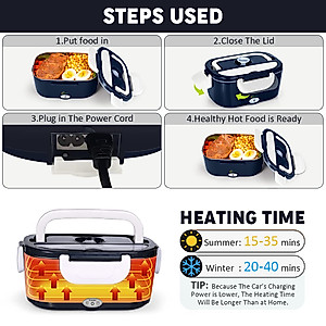 Yoorbee Electric Lunch Box Food Heater, 60W Heated Lunch Boxes for Adults,Durable 3-In-1 Portable Food Warmer for Car& Home/Office,Leak-proof,with Fork&Spoon,Carry Bag