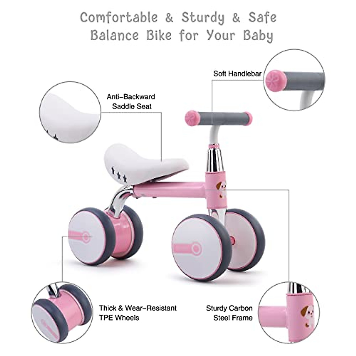 Baby Balance Bike Children Walker 36 Months Baby Bicycle No Padel Infant 4 Wheels Riding Toys for 3 Year Old Boys Girls (Pink)