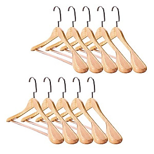 Wooden Hangers Wide Shoulder Wood Hangers 10 Pack Coat Hangers Suit Hangers with Non Slip Pant Bar Smooth Finish 360° Swivel Hook Solid Wood Hangers for Dress, Jacket, Sweater, Pants, Suit