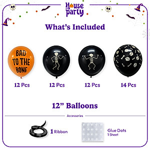 HOUSE OF PARTY 50pcs Halloween Skeleton Balloons | 12inch Black Orange Skull Latex Balloon Day of The Dead Party Supplies | Halloween Party Balloons for Malls, Bars, Homes Halloween Party Decorations