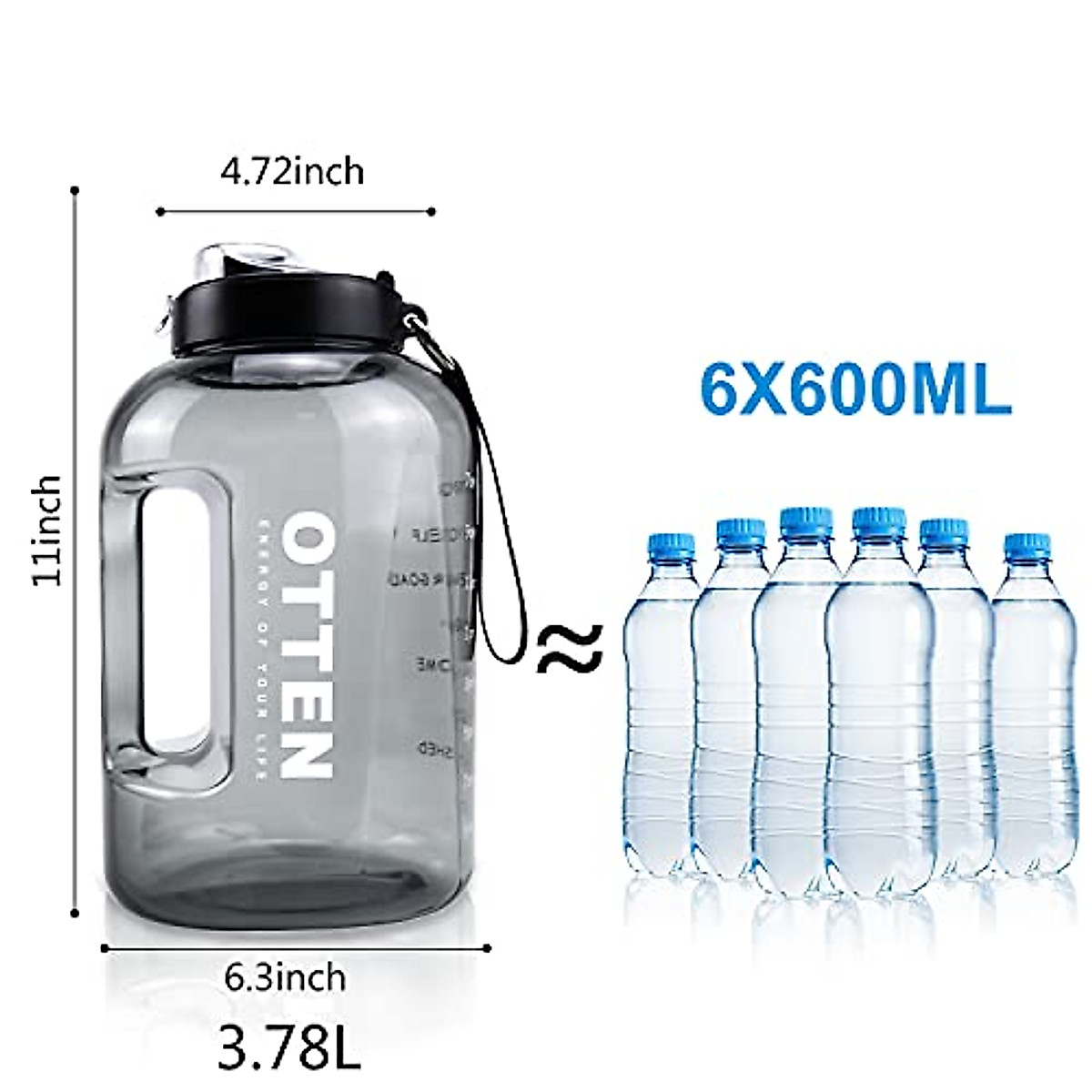 OTTEN Gallon Water Bottle with Time Marker - Reusable Tritan Gym Water Jug, BPA Free Leak Proof (Black, 128 Ounces)