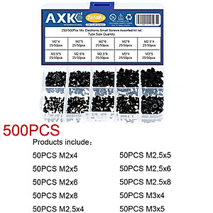 AXK GB819 M2 M2.5 M3 KM Screw Flat Head Phillips Screws Laptop Notebook Screws Set Kit for Computer Small Screw 250Pcs/500Pcs (250)
