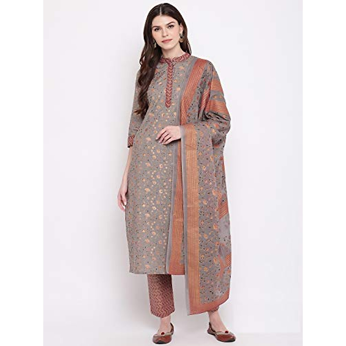 Indian Cotton Tunic Tops Kurti Set for Women with Palazzo 694 (Grey&Brown, 38)