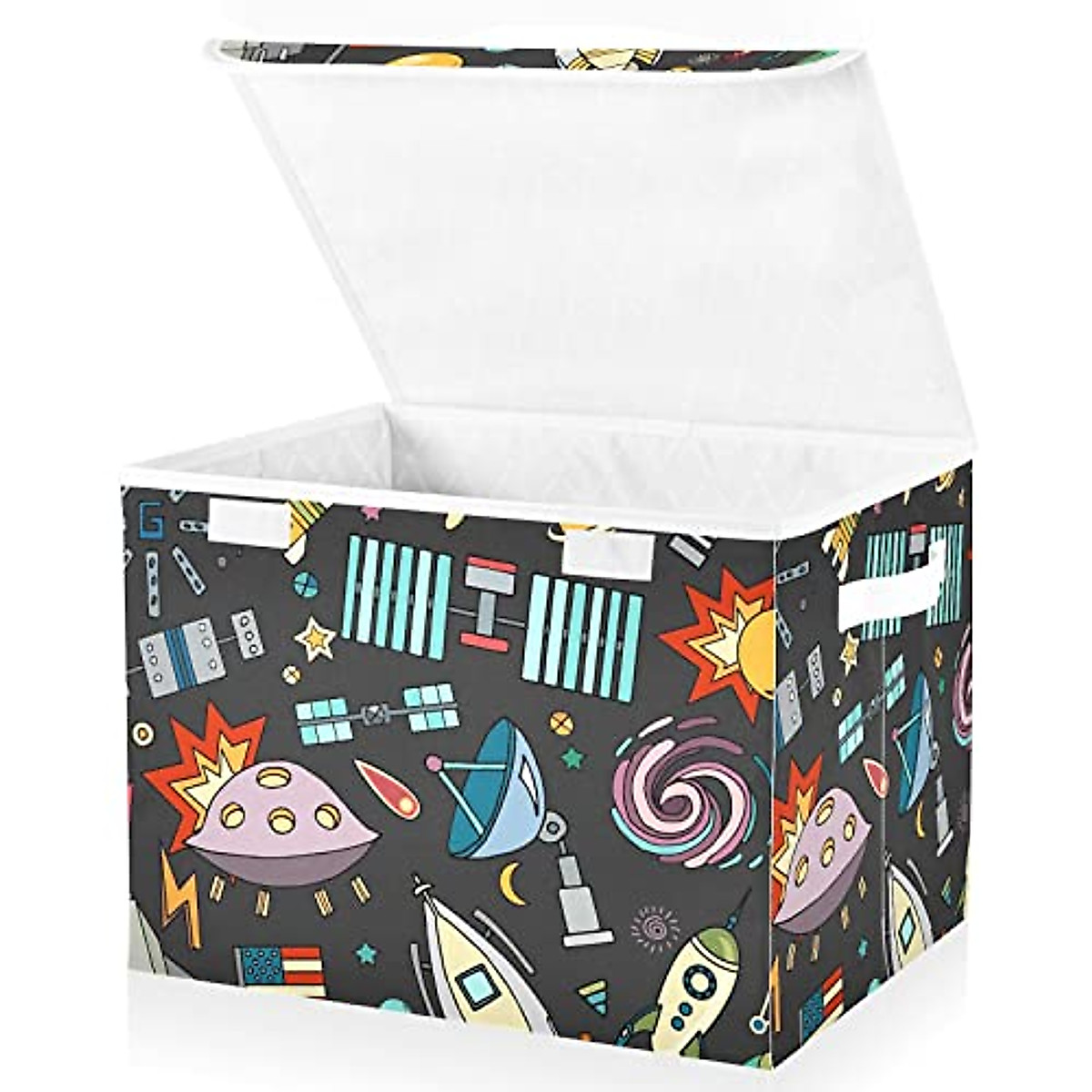 Krafig Abstract Cartoon Space Foldable Storage Box Large Cube Organizer Bins Containers Baskets with Lids Handles for Closet Organization, Shelves, Clothes, Toys