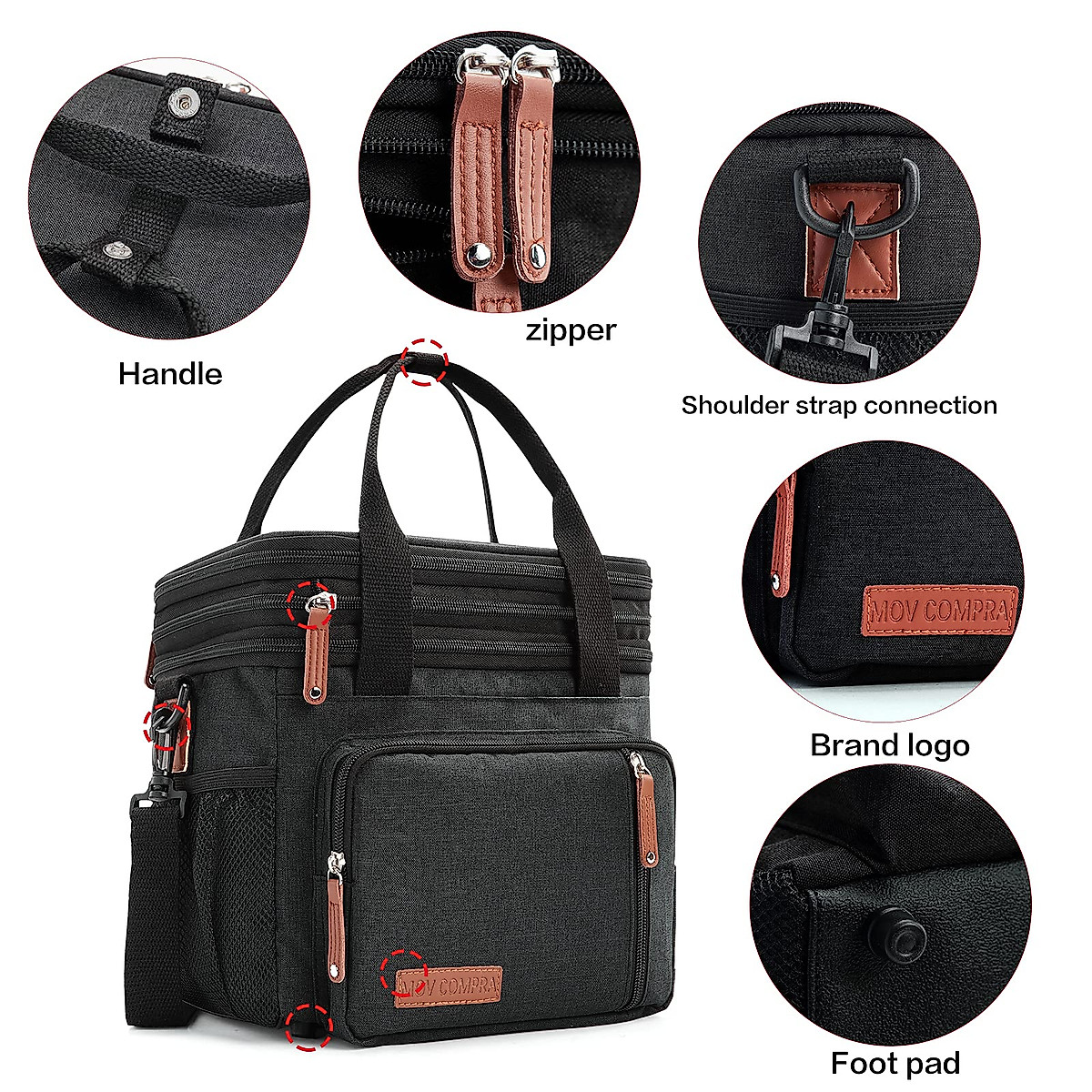 MOV COMPRA Movcompra Black Adult Insulated Lunch Box for Work, Expandable Large Lunch Bags for Women Men, Leakproof Double Deck Lunch Box Cooler Tote Bag with Removable Shoulder Strap
