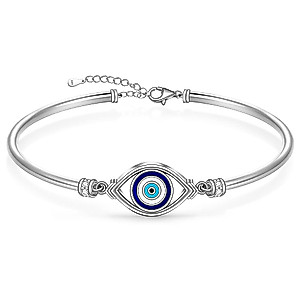 Evil Eye Bracelet for Women Sterling Silver Greek Turkish Blue Evil Eye Bangle Bracelets Adjustable Good Luck Protection Jewelry White Gold Cute Mothers Day Gifts